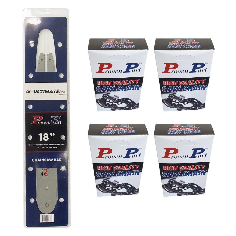 Proven Part 18" Guide Bar And 4 Pack Semi Chisel Chain Combo .325" .050 ...